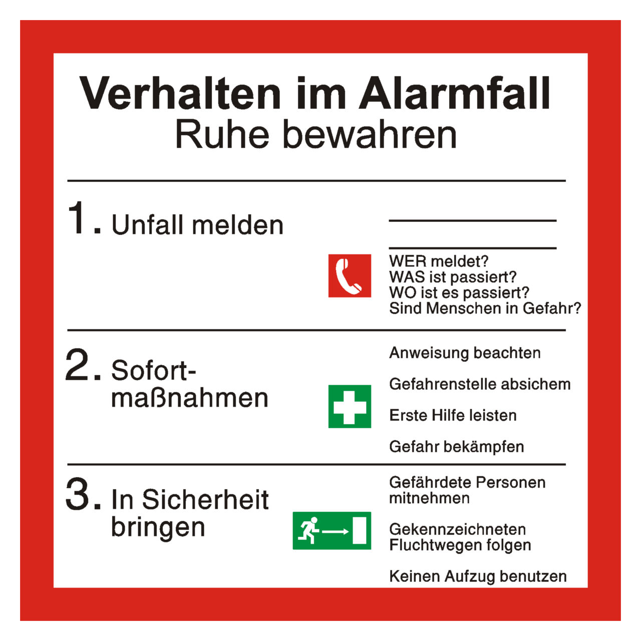 Verhalten im Alarmfall mit Symbolen nach BGV A8 | SQS